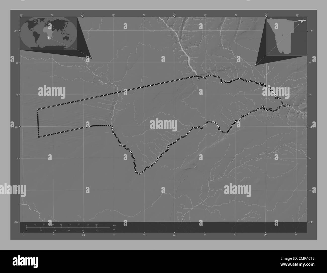 Zambezi, region of Namibia. Bilevel elevation map with lakes and rivers ...