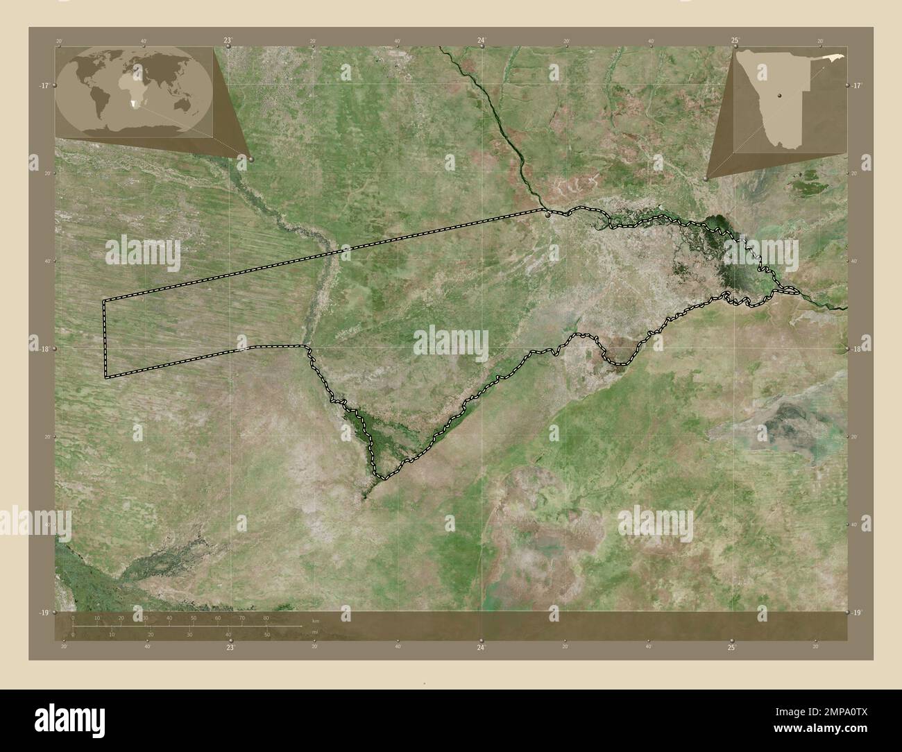 Zambezi, region of Namibia. High resolution satellite map. Locations of ...