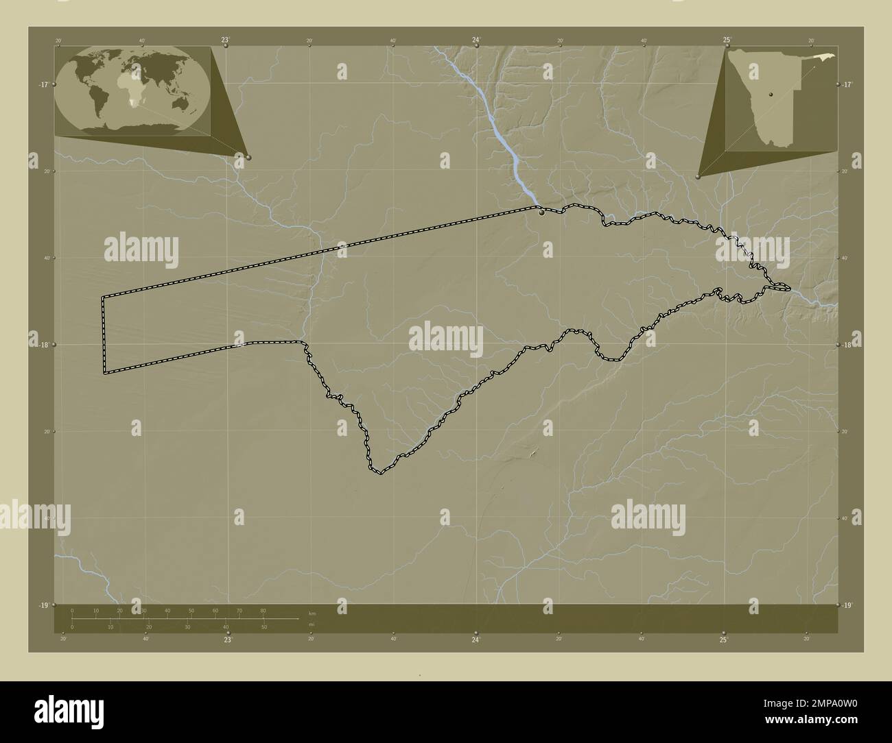 Zambezi, region of Namibia. Elevation map colored in wiki style with ...