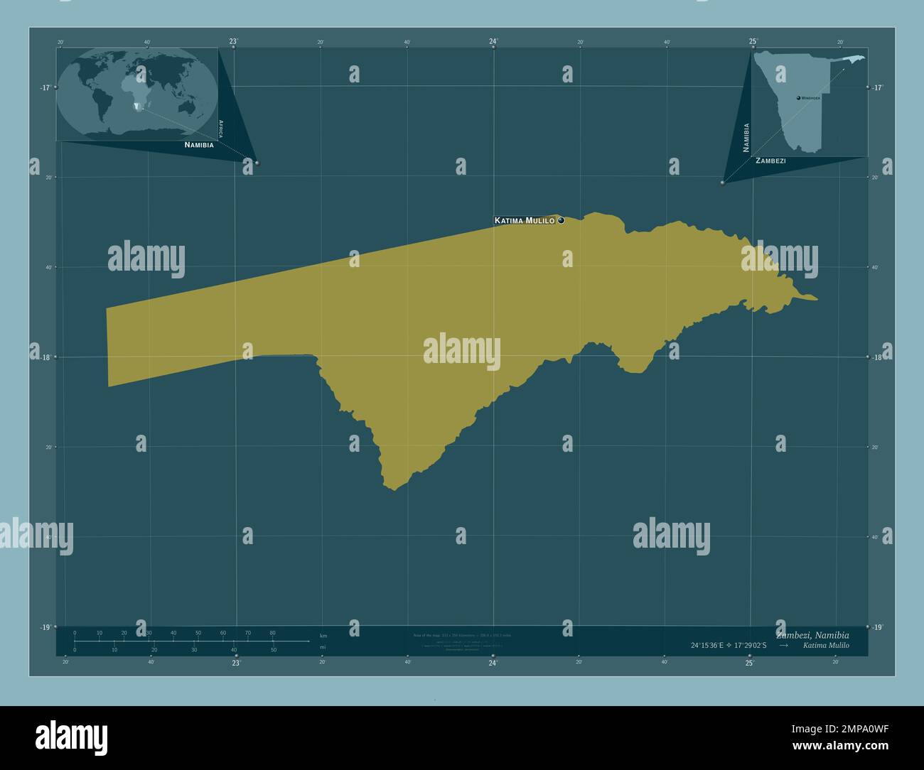 Zambezi, region of Namibia. Solid color shape. Locations and names of ...