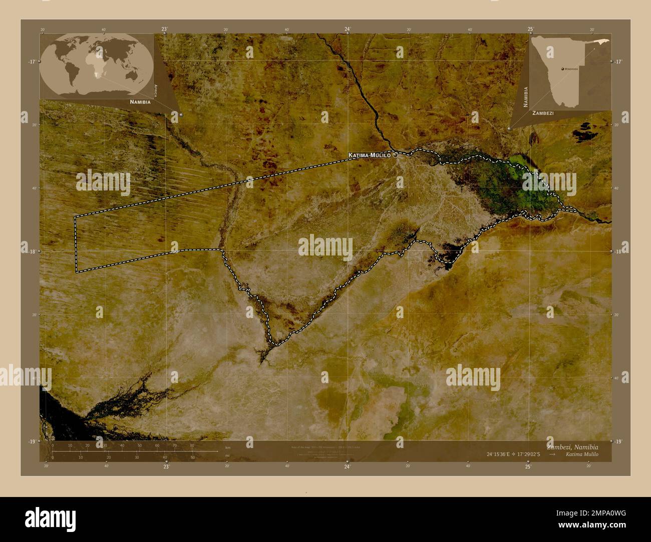 Zambezi, region of Namibia. Low resolution satellite map. Locations and ...