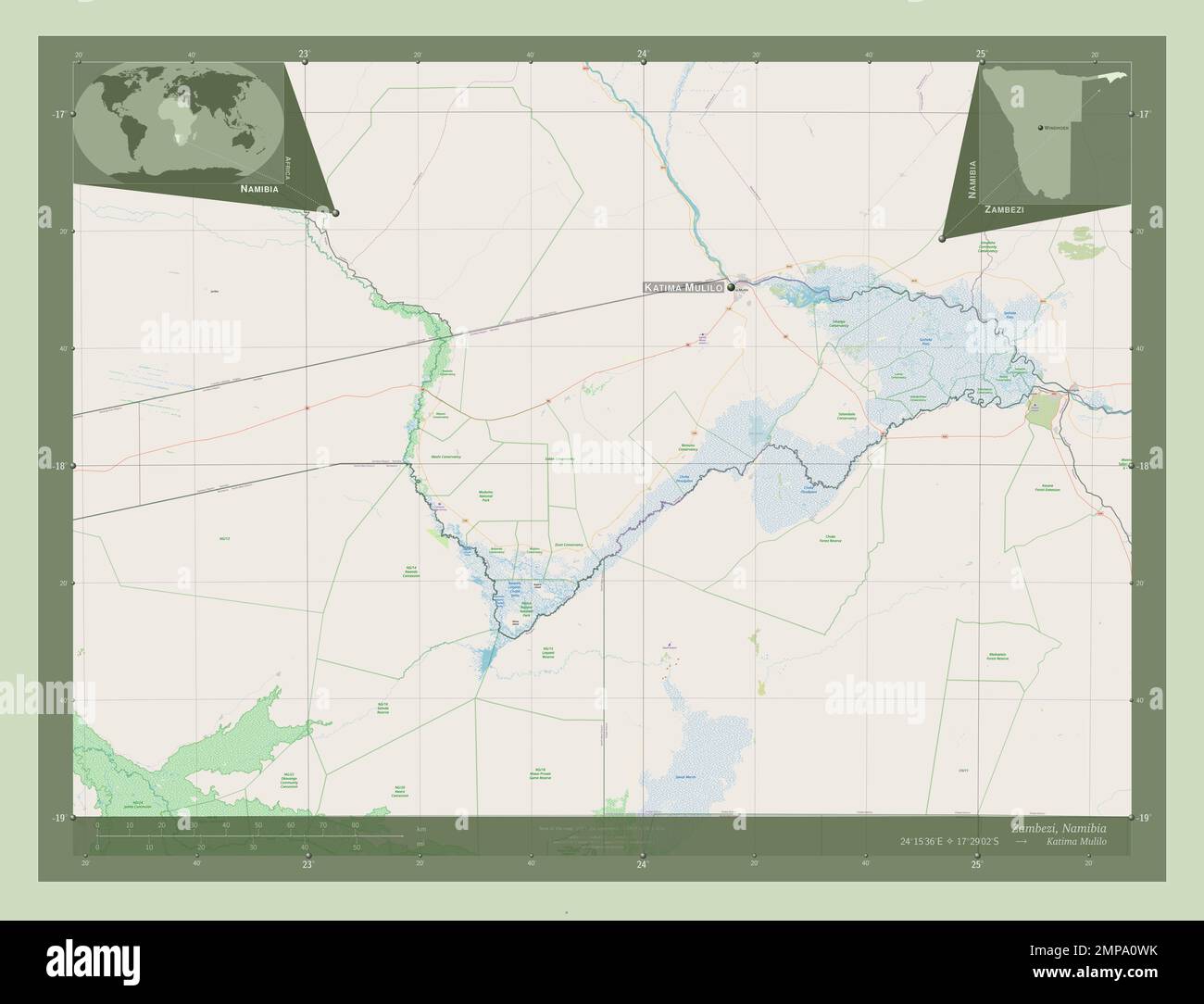 Zambezi, region of Namibia. Open Street Map. Locations and names of ...