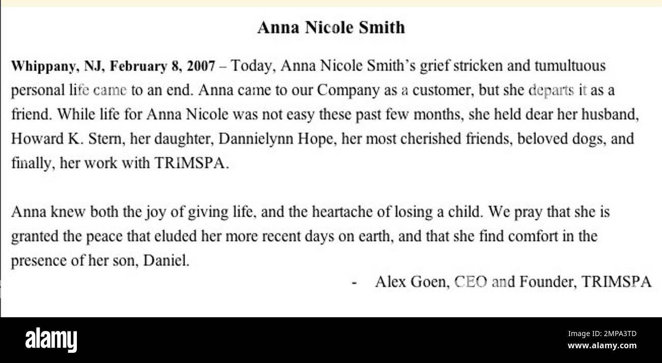 Tragic model and Trim Spa spokeswoman Anna Nicole Smith has died today ...