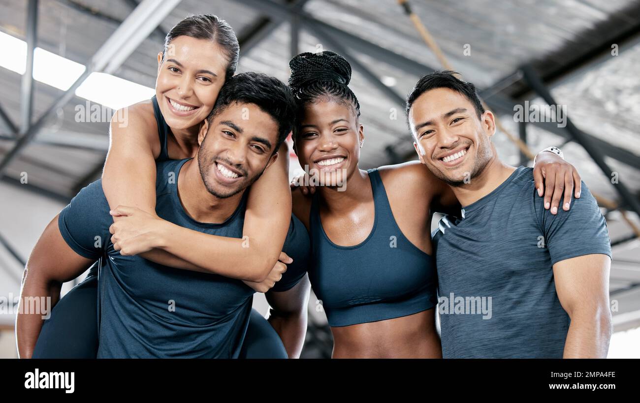 Fitness, happy and portrait of friends in gym for teamwork, support and ...