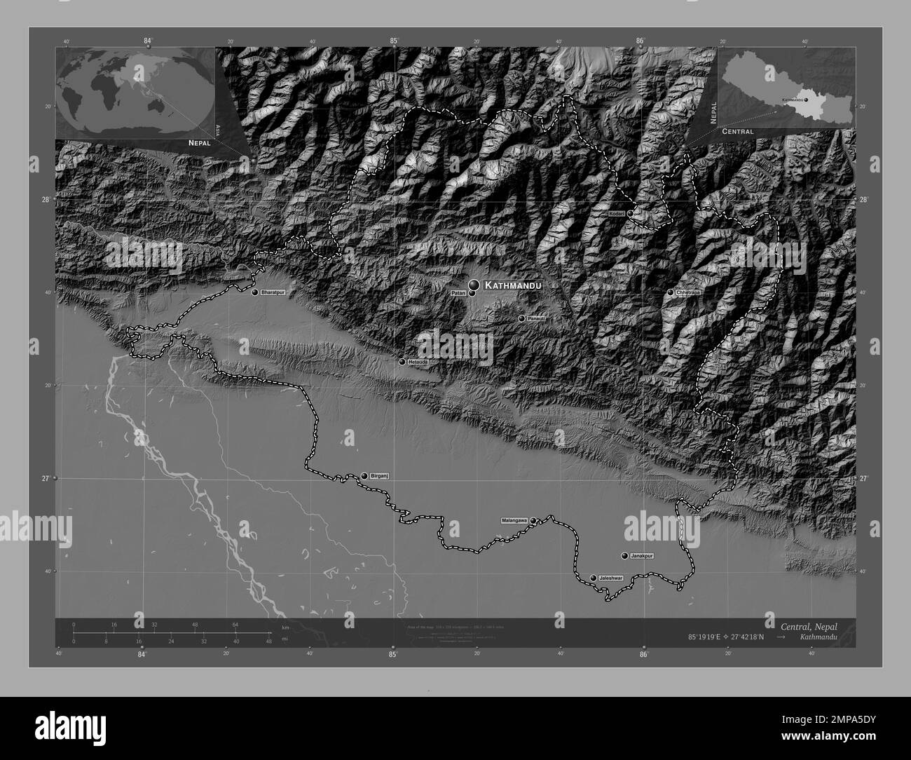 Central, development region of Nepal. Bilevel elevation map with lakes ...