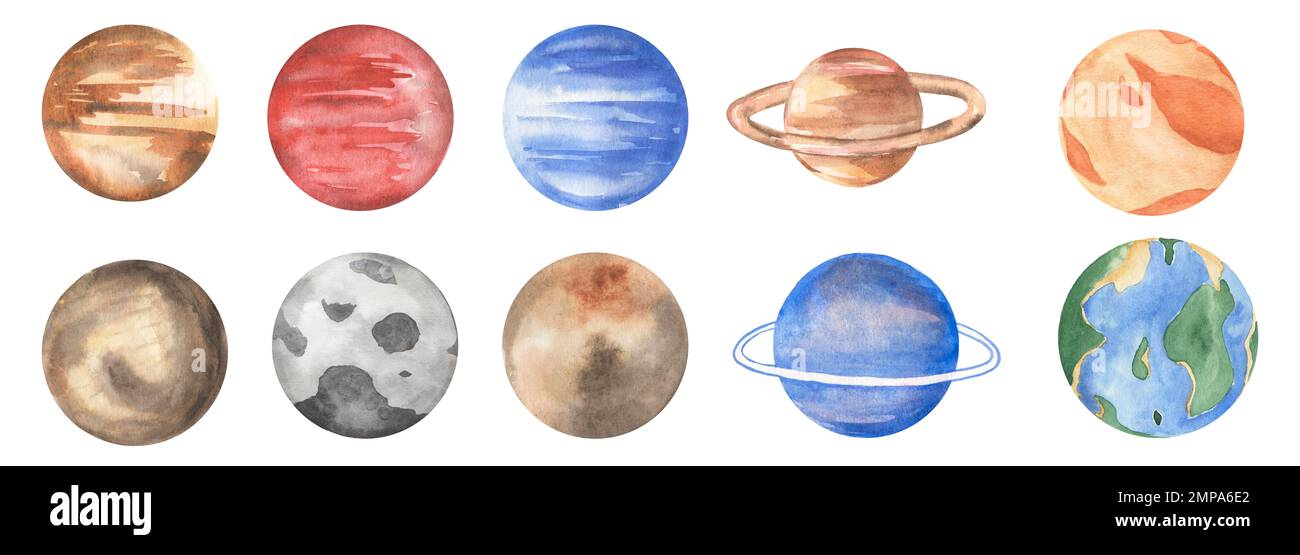 Watercolor hand drawn planets illustration set, Cute nursery clip art ...
