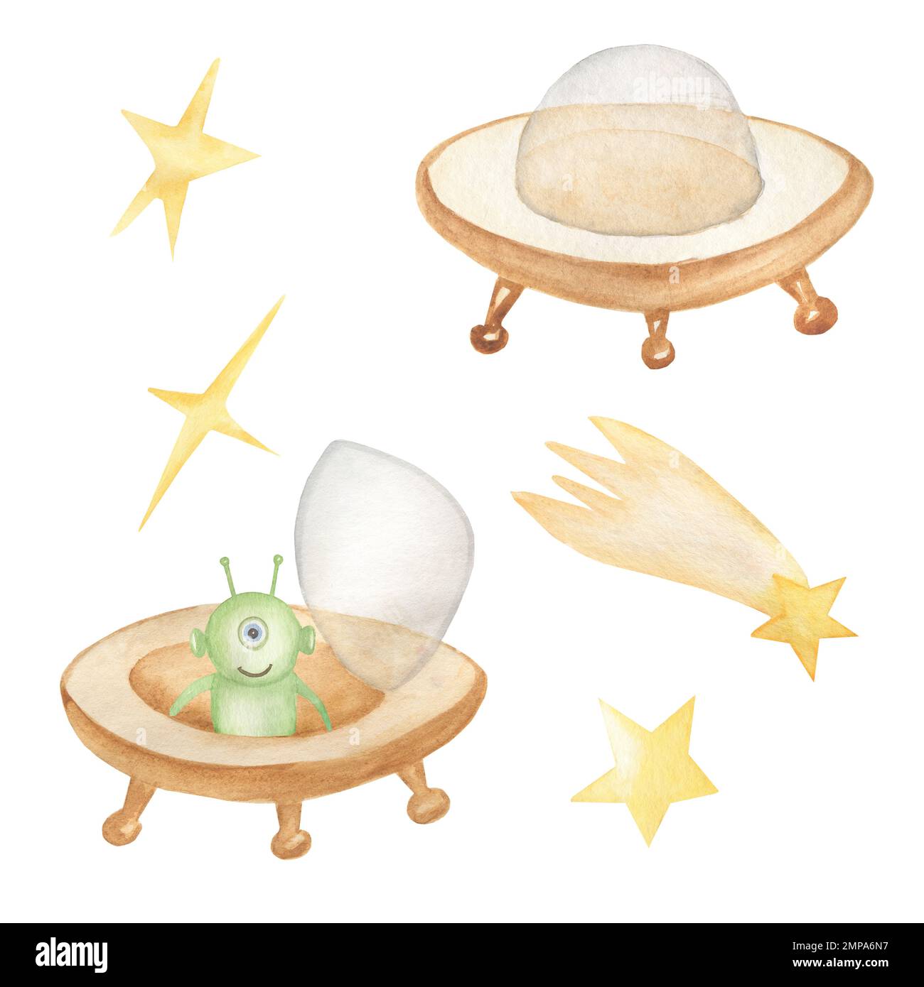 Watercolor alien and ship illustration set, Cute little monsters with ...