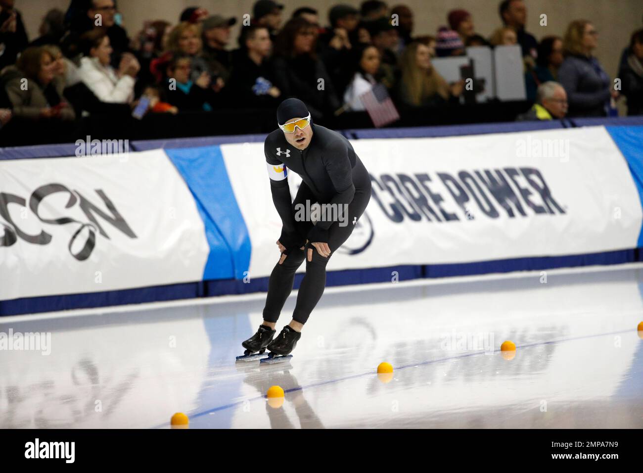 Joey Mantia reacts after competing in the men's 1,500 meters during the ...