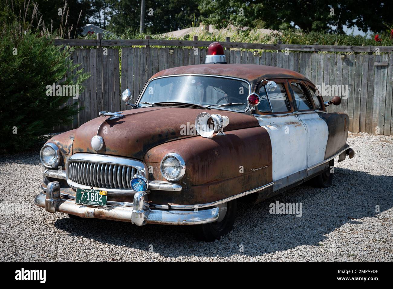 A close-up shot of an old classic police car, Nash Motors Statesman ...