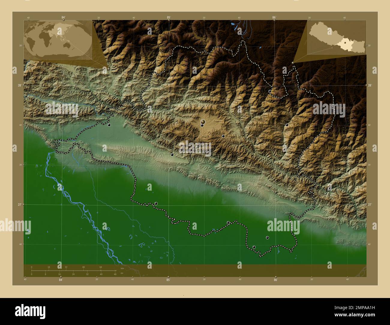 Central, development region of Nepal. Colored elevation map with lakes ...
