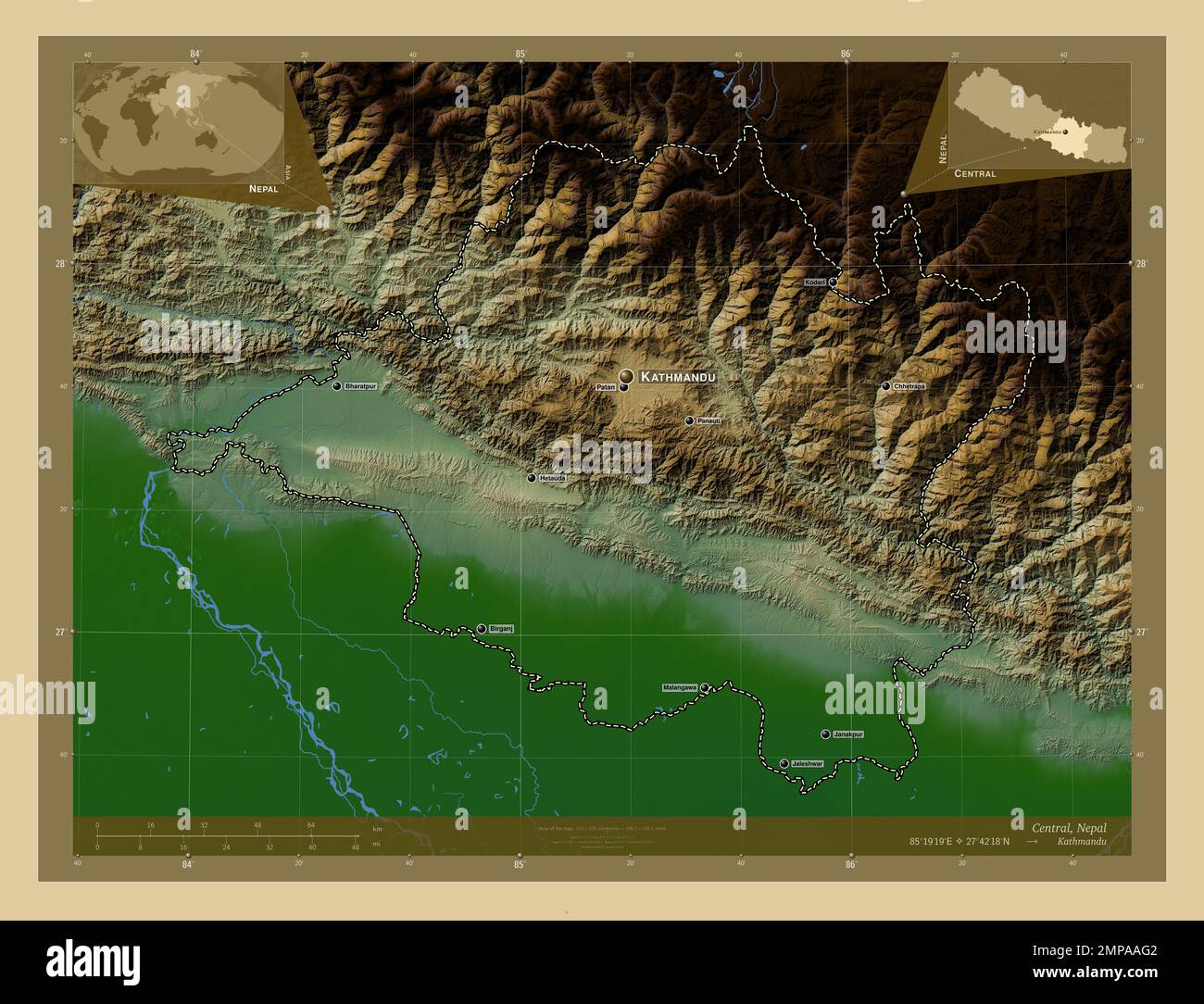 Central, development region of Nepal. Colored elevation map with lakes ...