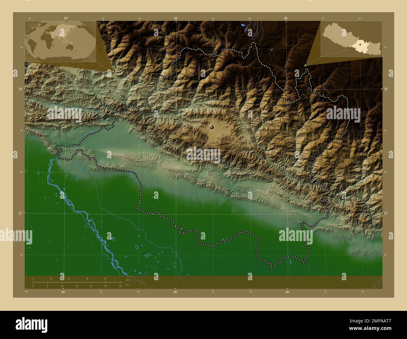 Central, development region of Nepal. Colored elevation map with lakes ...
