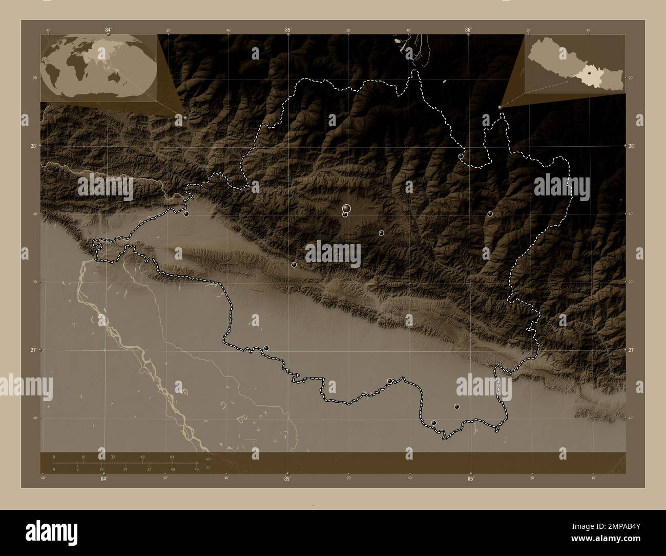 Central, development region of Nepal. Elevation map colored in sepia ...