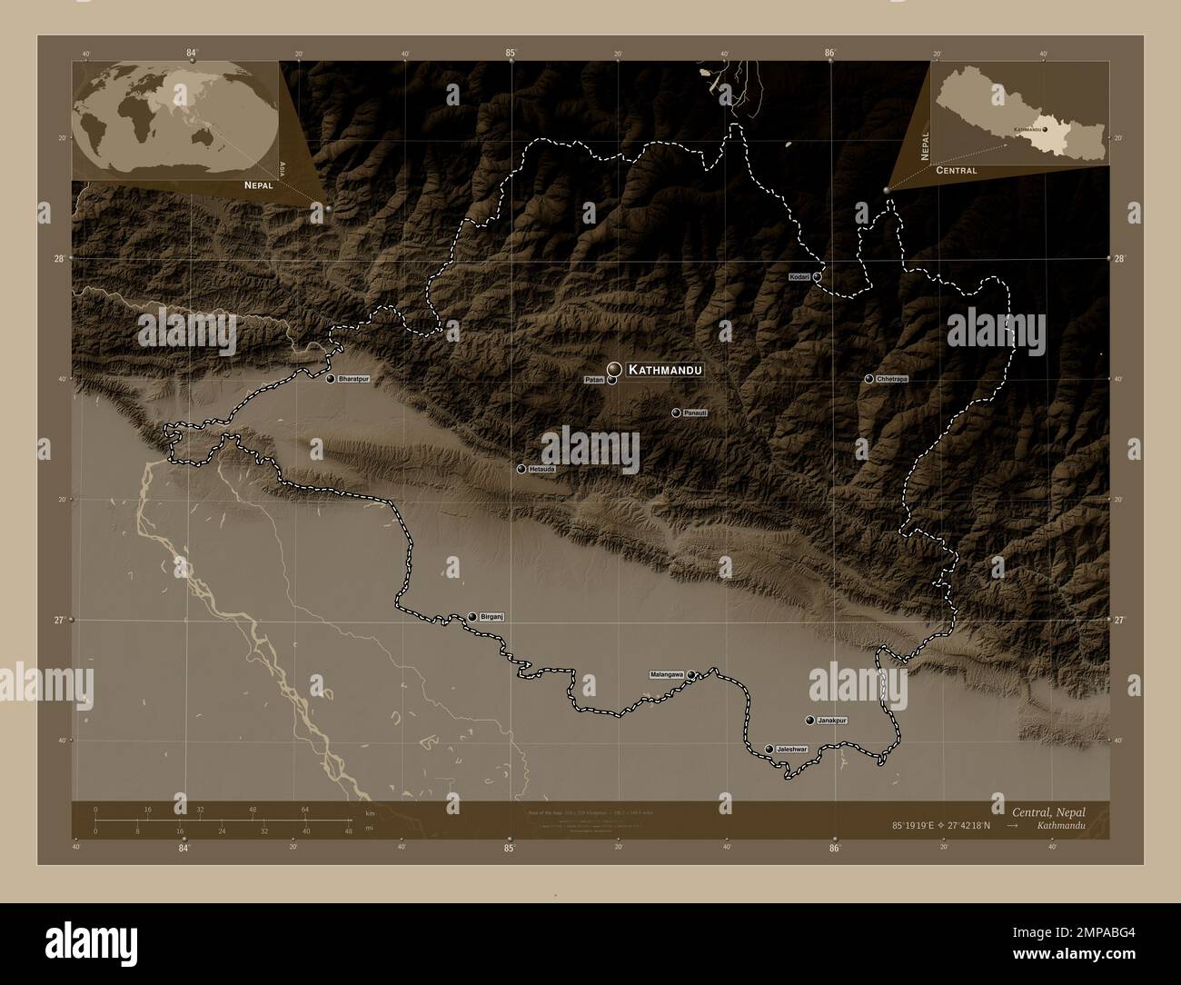 Central, development region of Nepal. Elevation map colored in sepia ...