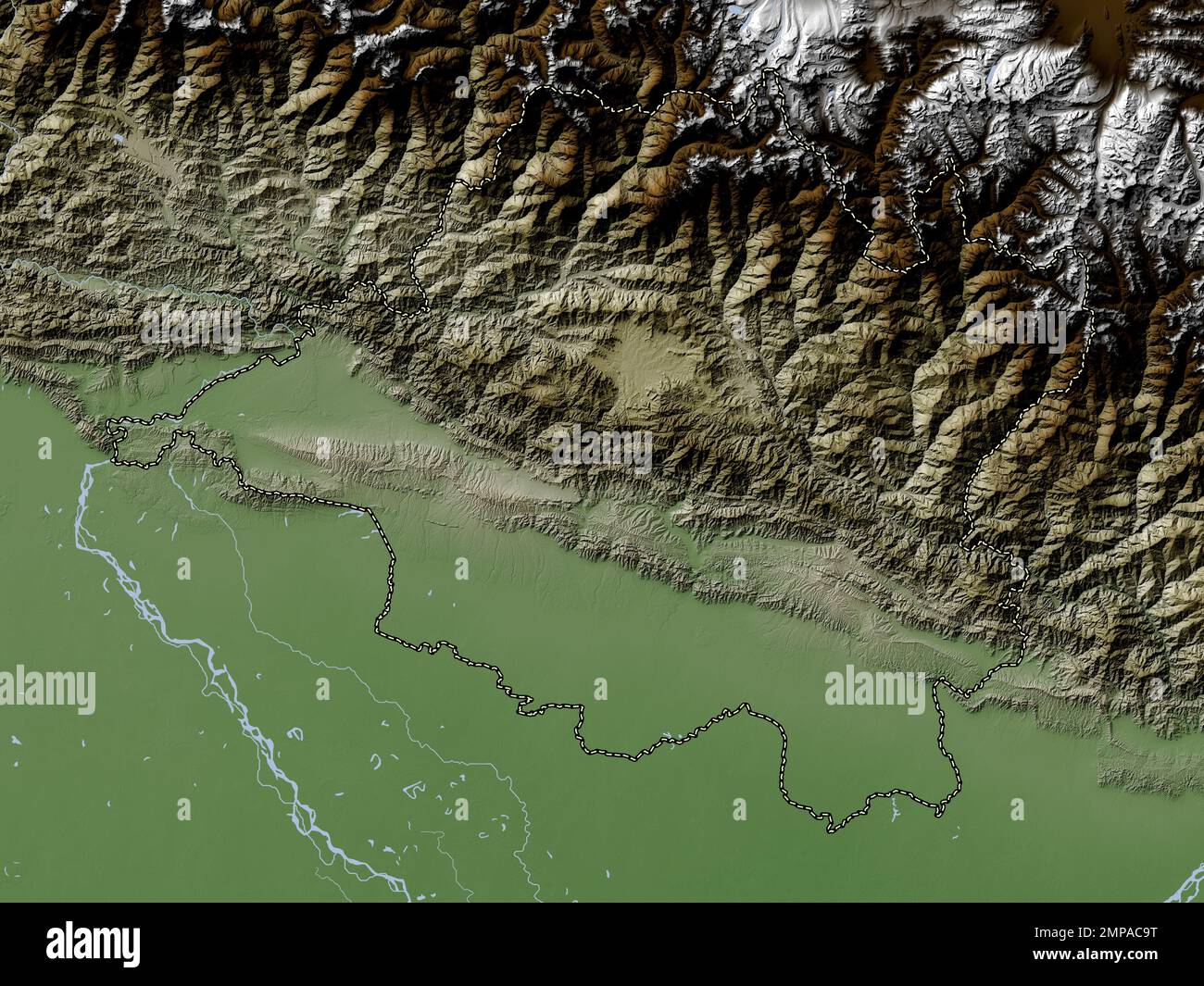 Central, development region of Nepal. Elevation map colored in wiki style with lakes and rivers ...