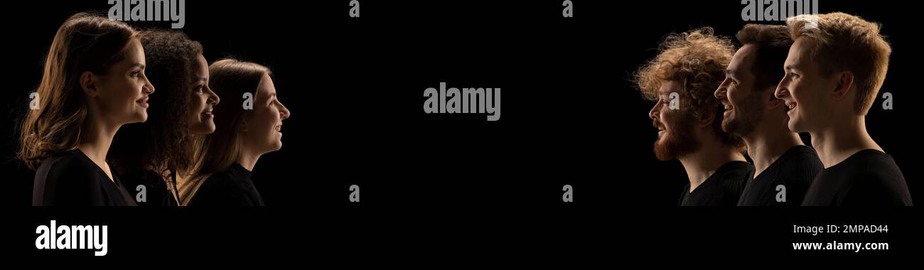 Opposite opinion. Side view portraits of different people, men and ...