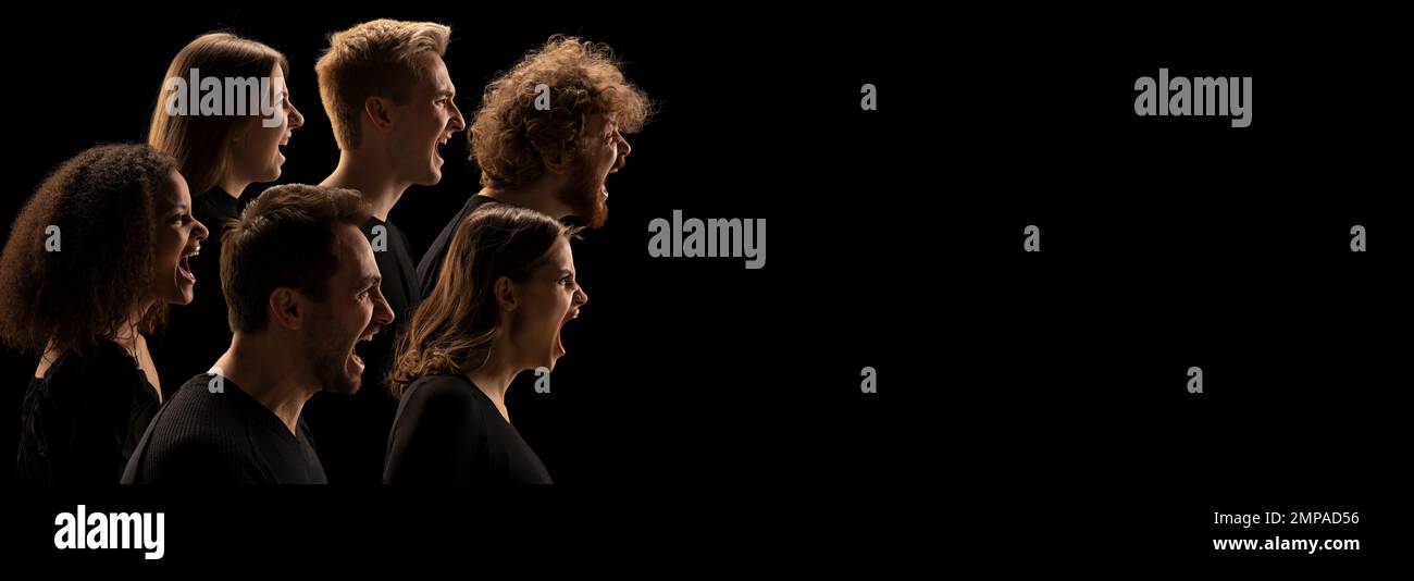 Side view portraits of different people shouting, screaming over dark ...