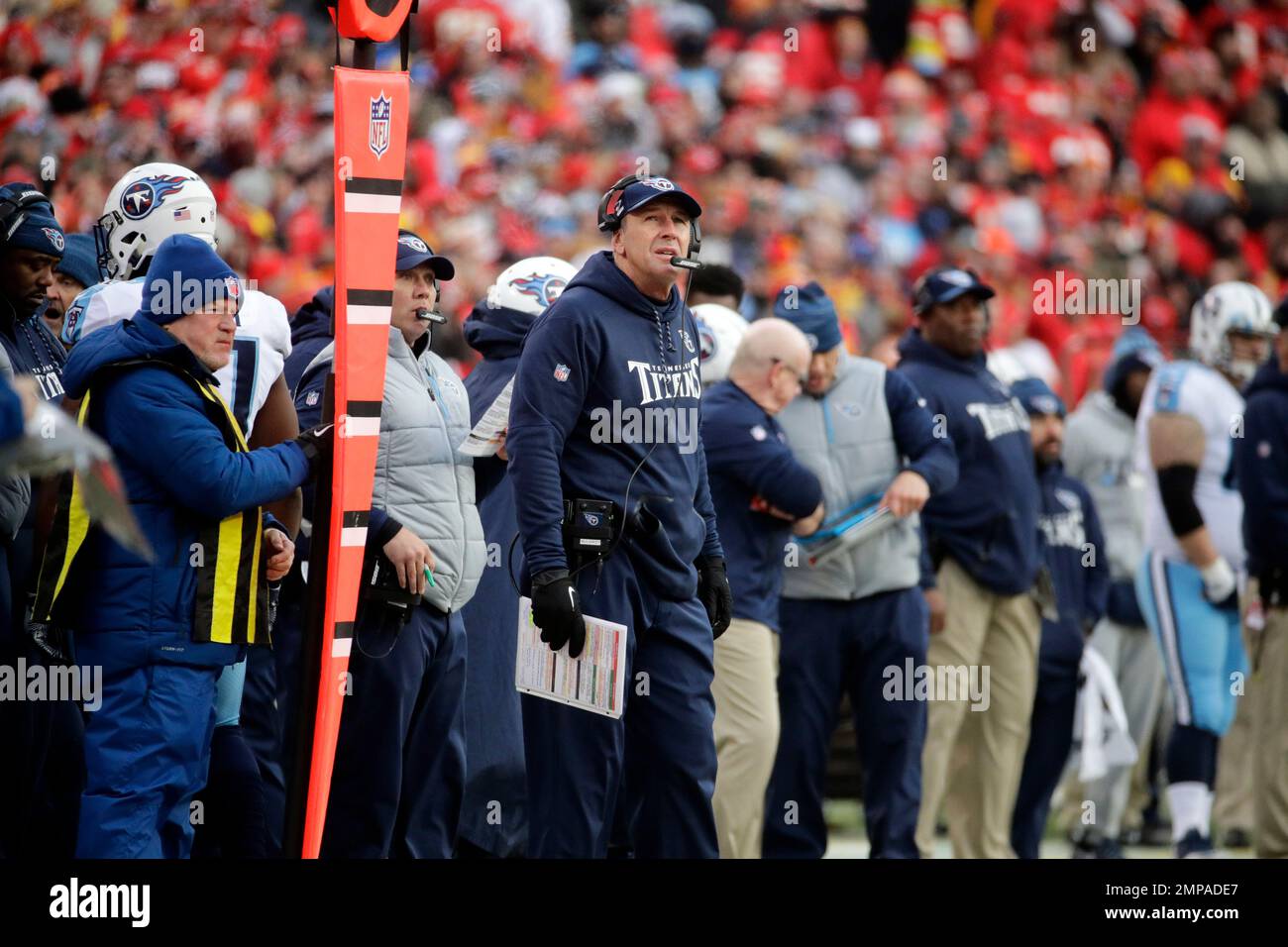 Tennessee Titans head coach Mike Mularkey looks at the score board ...