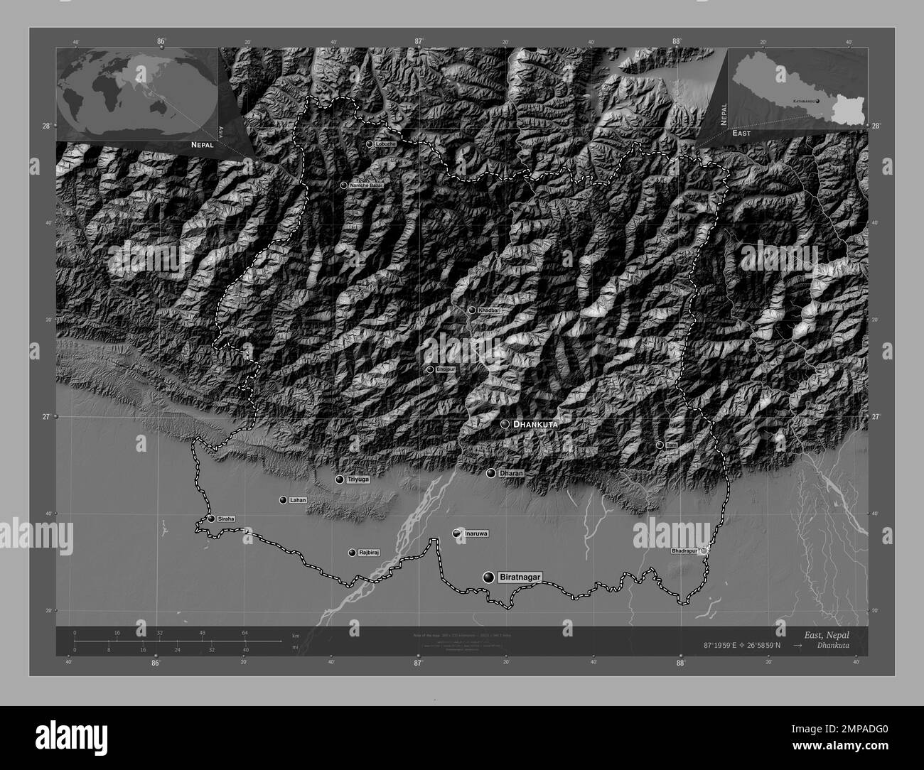 East, development region of Nepal. Bilevel elevation map with lakes and ...