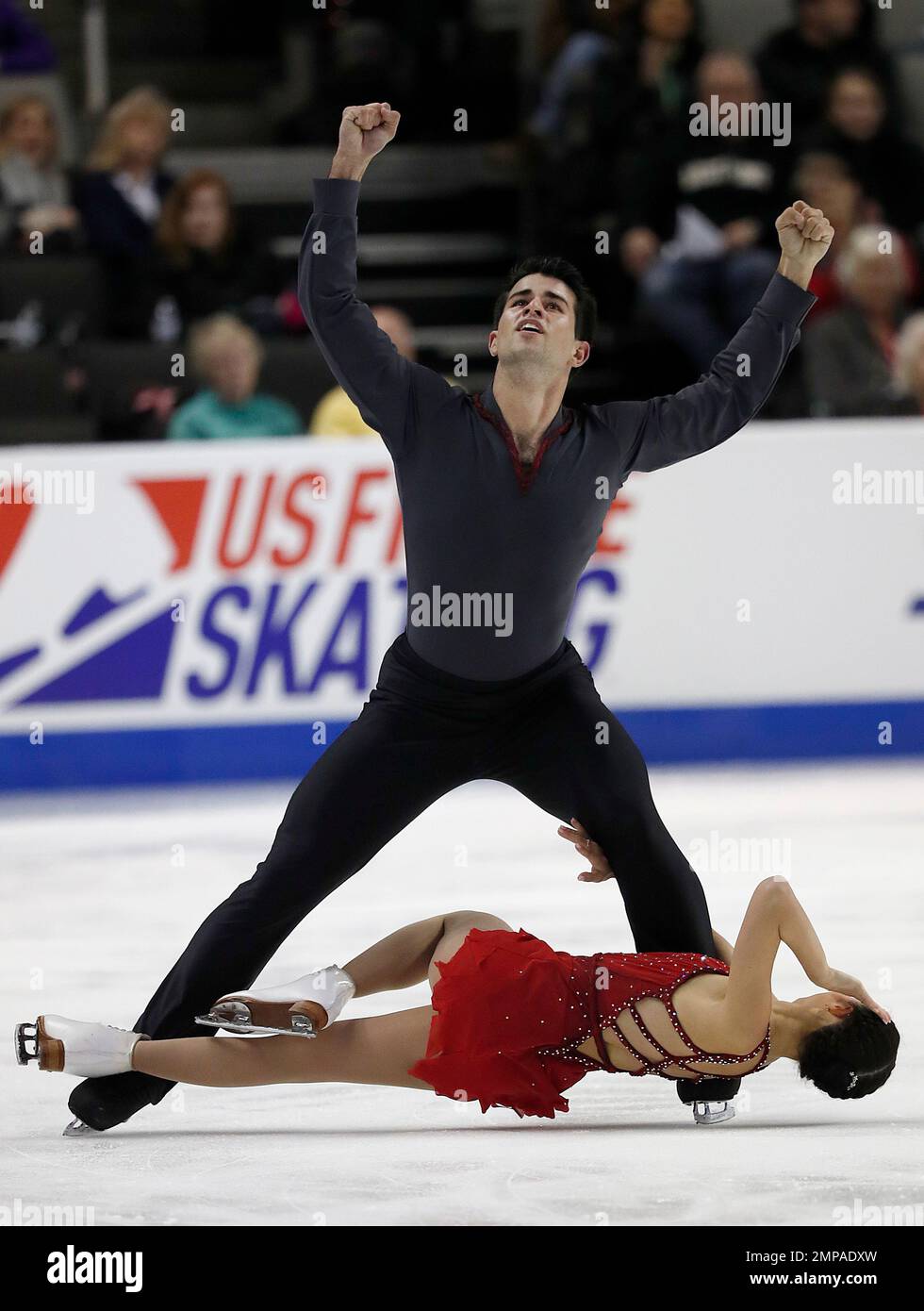 Chelsea Liu, bottom, and Brian Johnson perform during the pairs free ...
