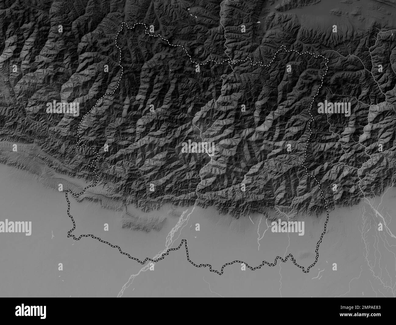 East, development region of Nepal. Grayscale elevation map with lakes ...