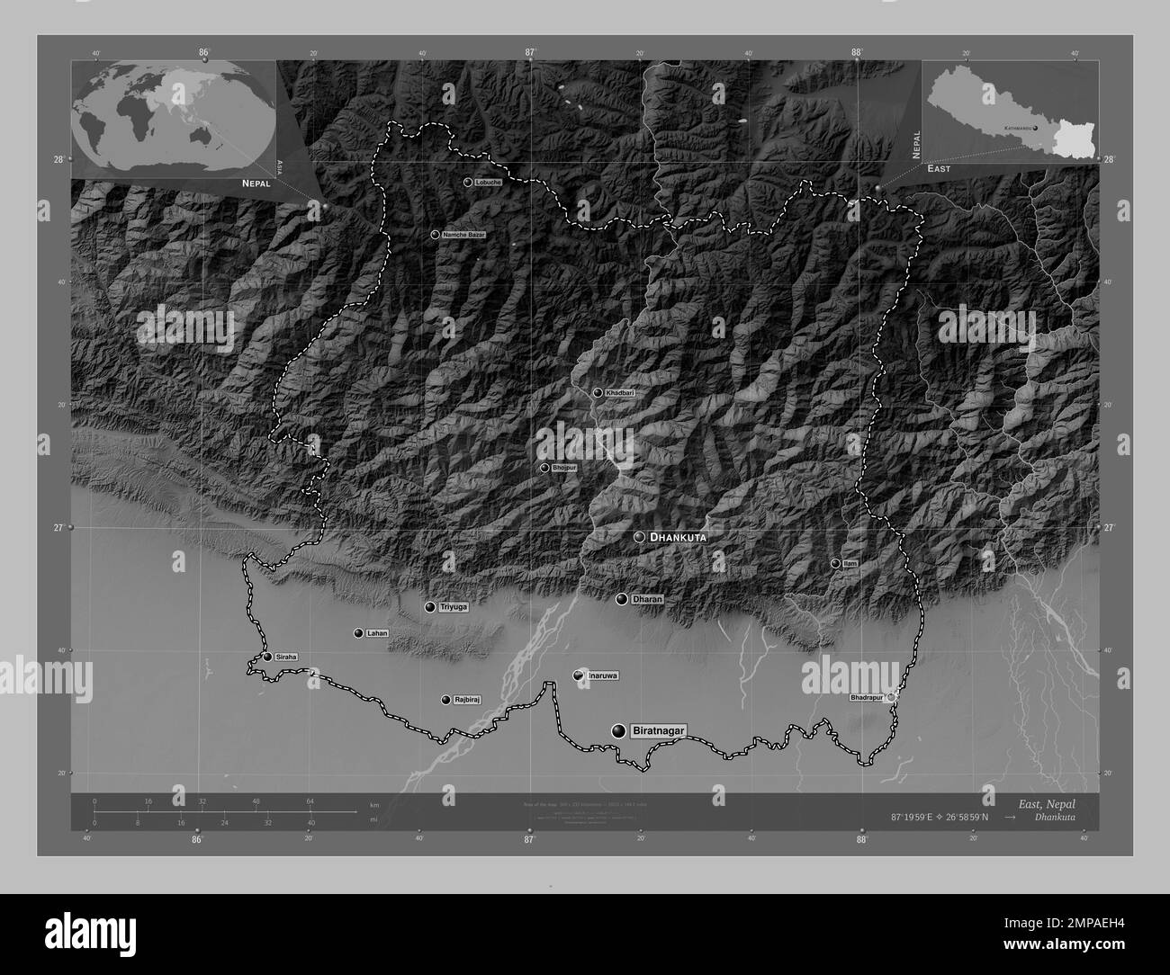 East, development region of Nepal. Grayscale elevation map with lakes ...