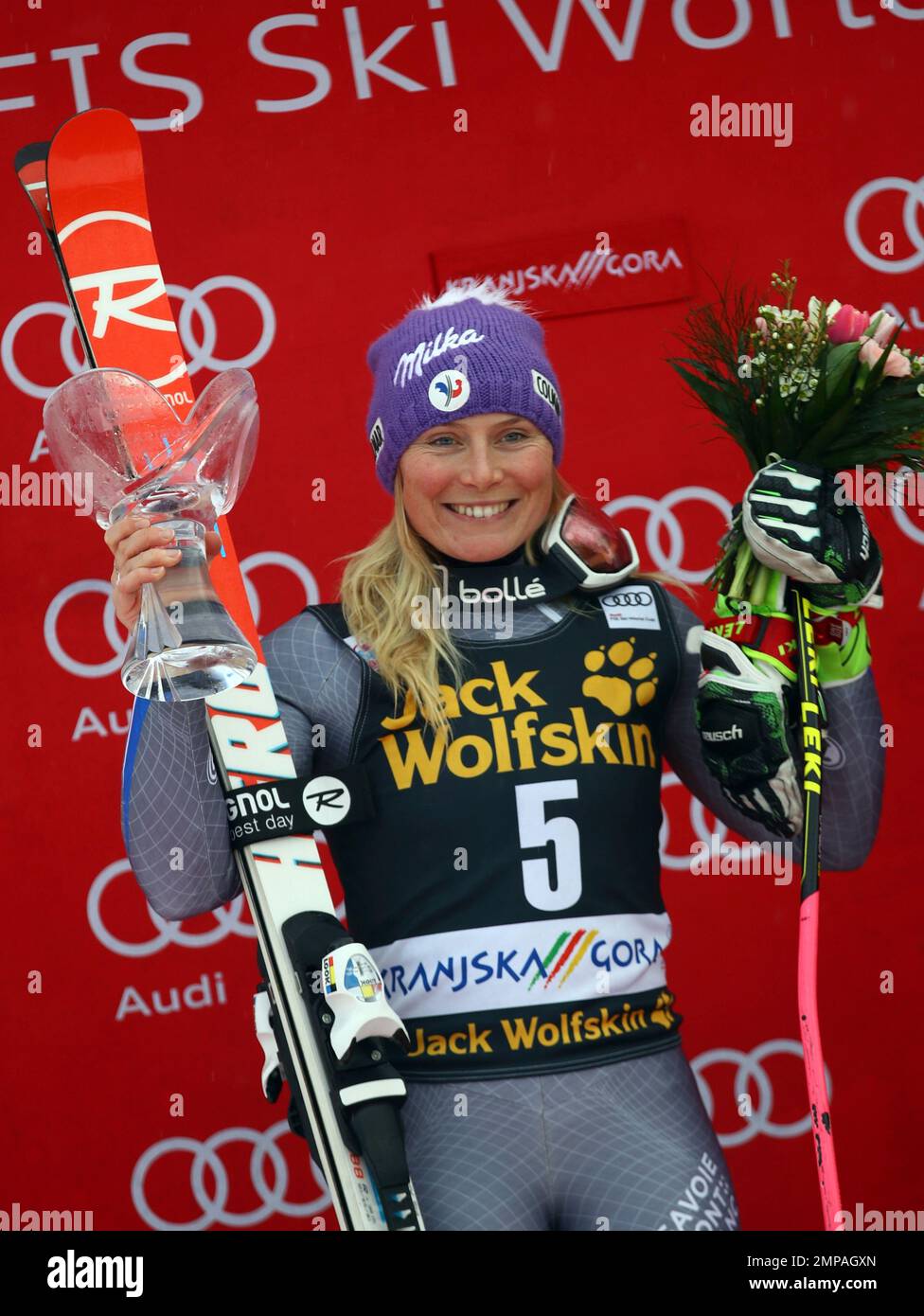 France s Tessa Worley celebrates on the podium after taking second place in an alpine ski women s World Cup giant slalom in Kranjska Gora Slovenia Saturday Jan. 6 2018. AP Photo Marco Trovati Stock