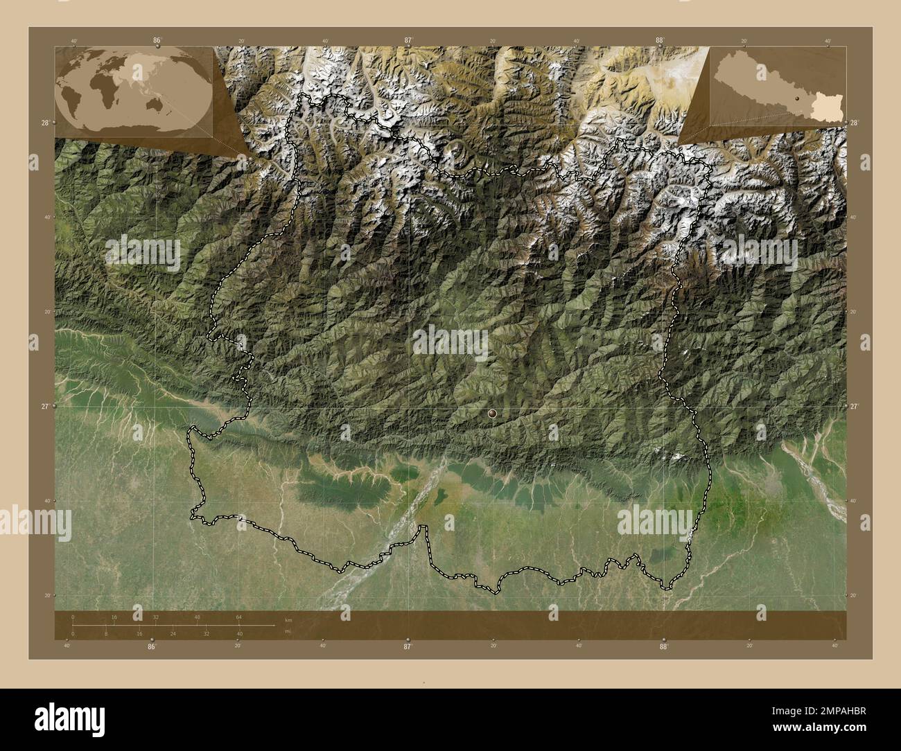 East, development region of Nepal. Low resolution satellite map. Corner ...
