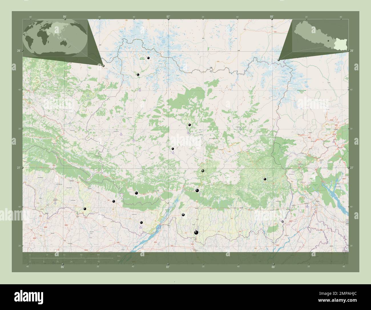 East, development region of Nepal. Open Street Map. Locations of major ...