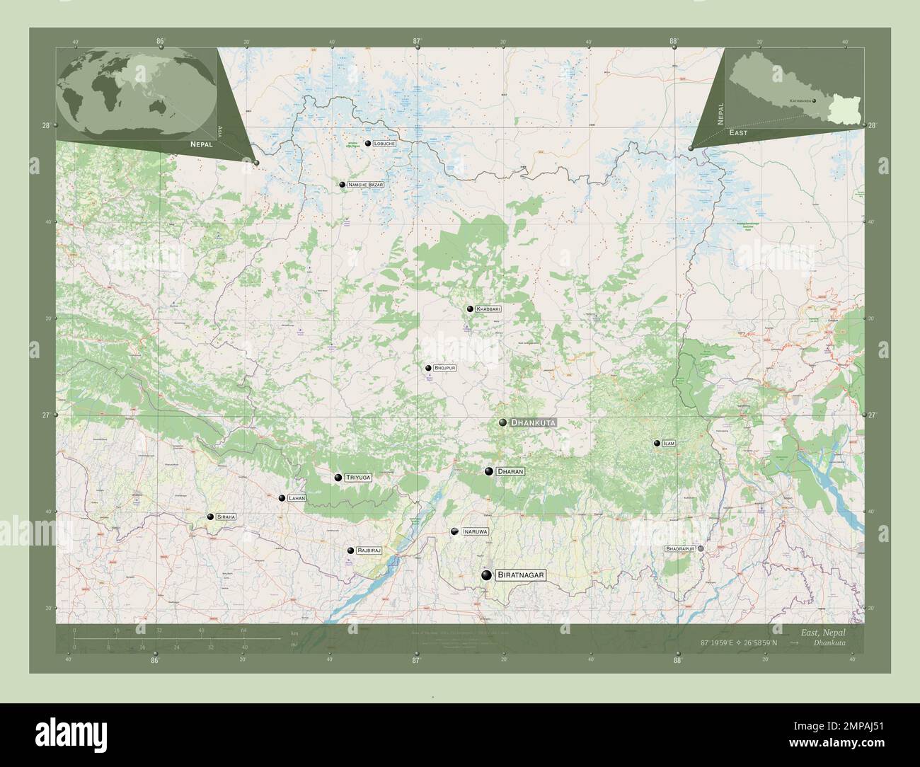 East, development region of Nepal. Open Street Map. Locations and names ...