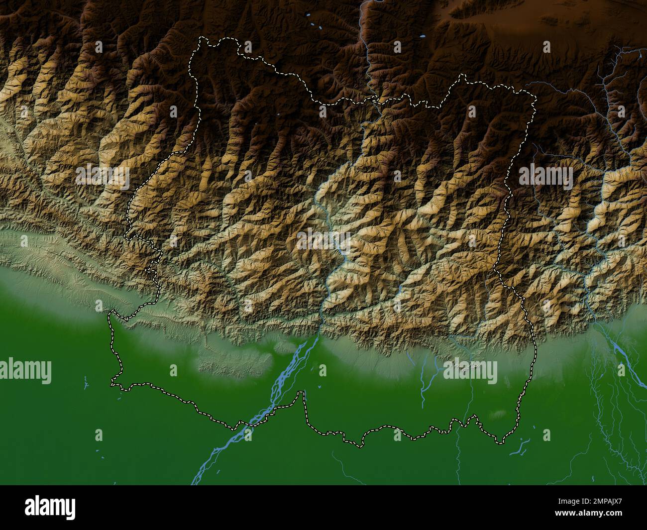 East, development region of Nepal. Colored elevation map with lakes and ...
