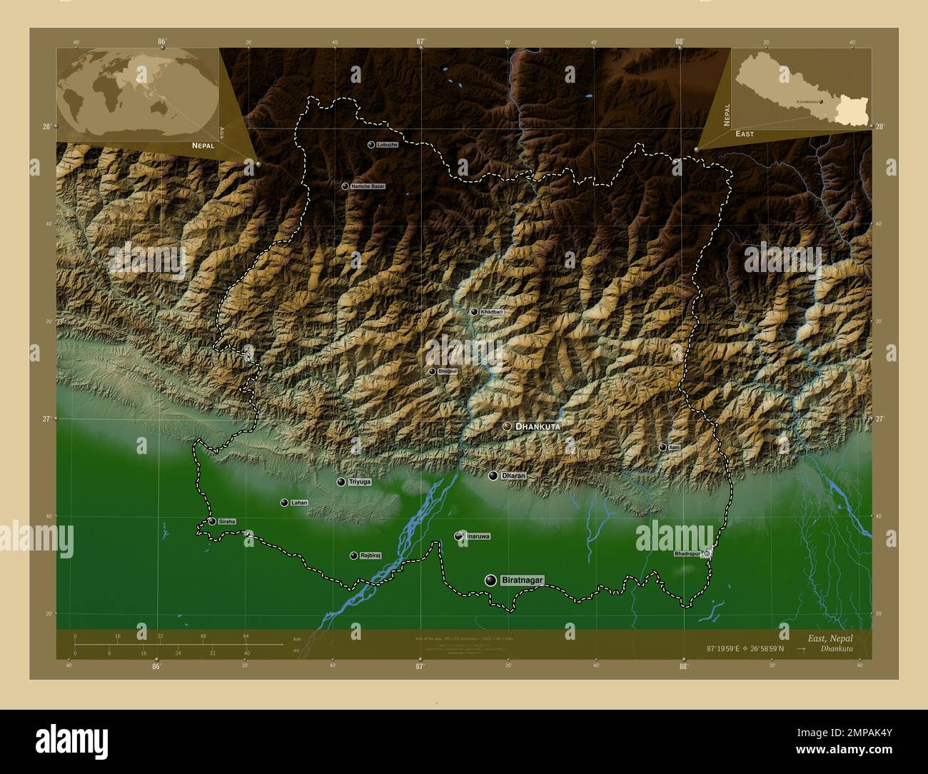 East, development region of Nepal. Colored elevation map with lakes and ...