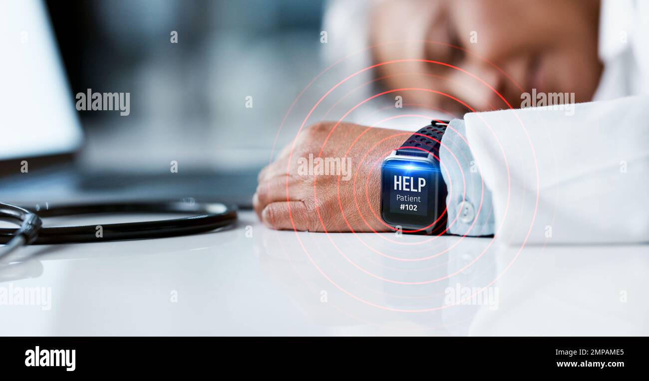 Hands, watch and signal of healthcare woman sleeping on desk while on ...