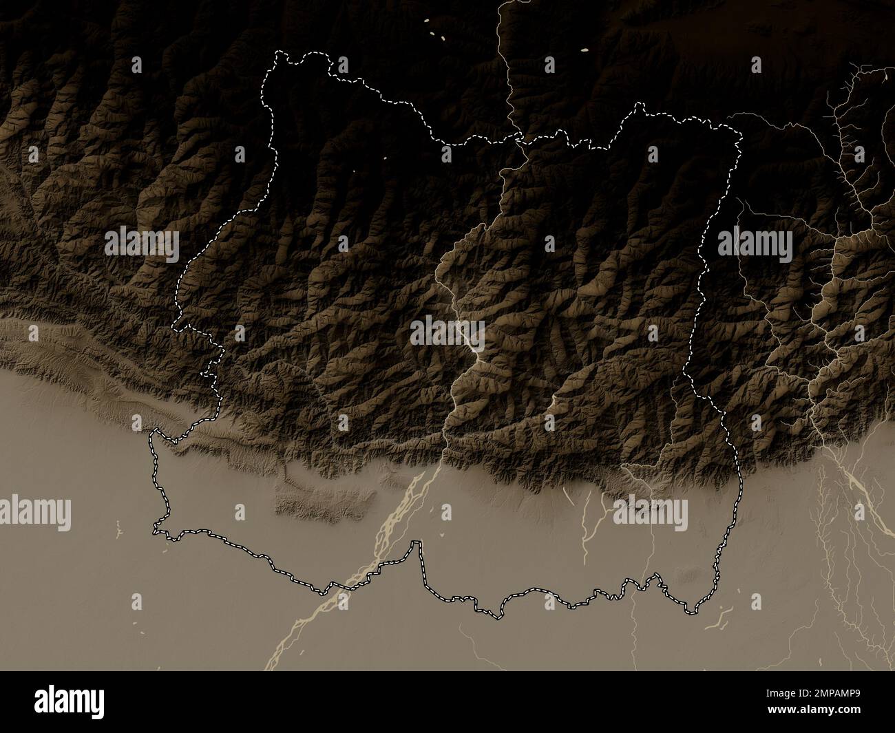 East, development region of Nepal. Elevation map colored in sepia tones with lakes and rivers ...