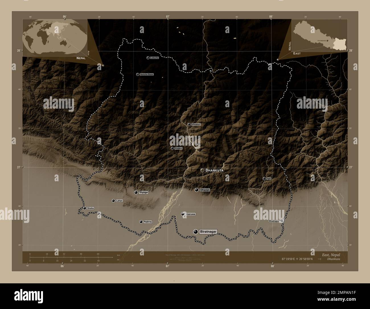 East, development region of Nepal. Elevation map colored in sepia tones ...