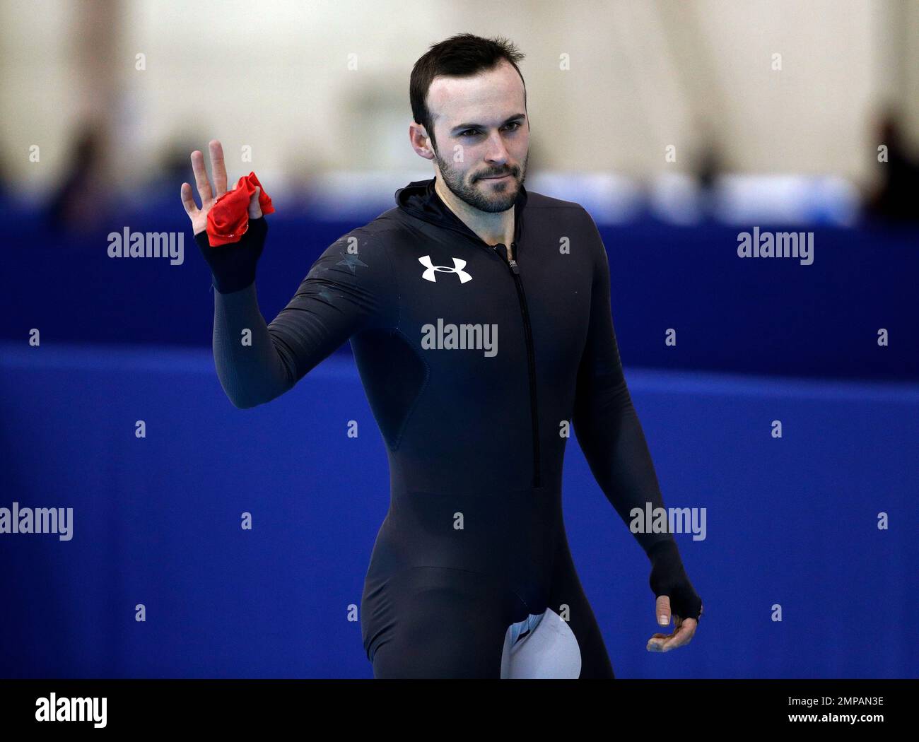Mitchell Whitmore reacts after competing in the men's 500 meters during ...