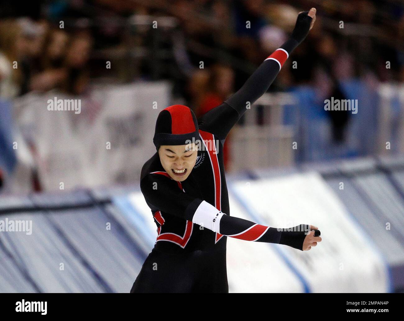 Evan Flaherty reacts after competing in the men's 500 meters during the ...