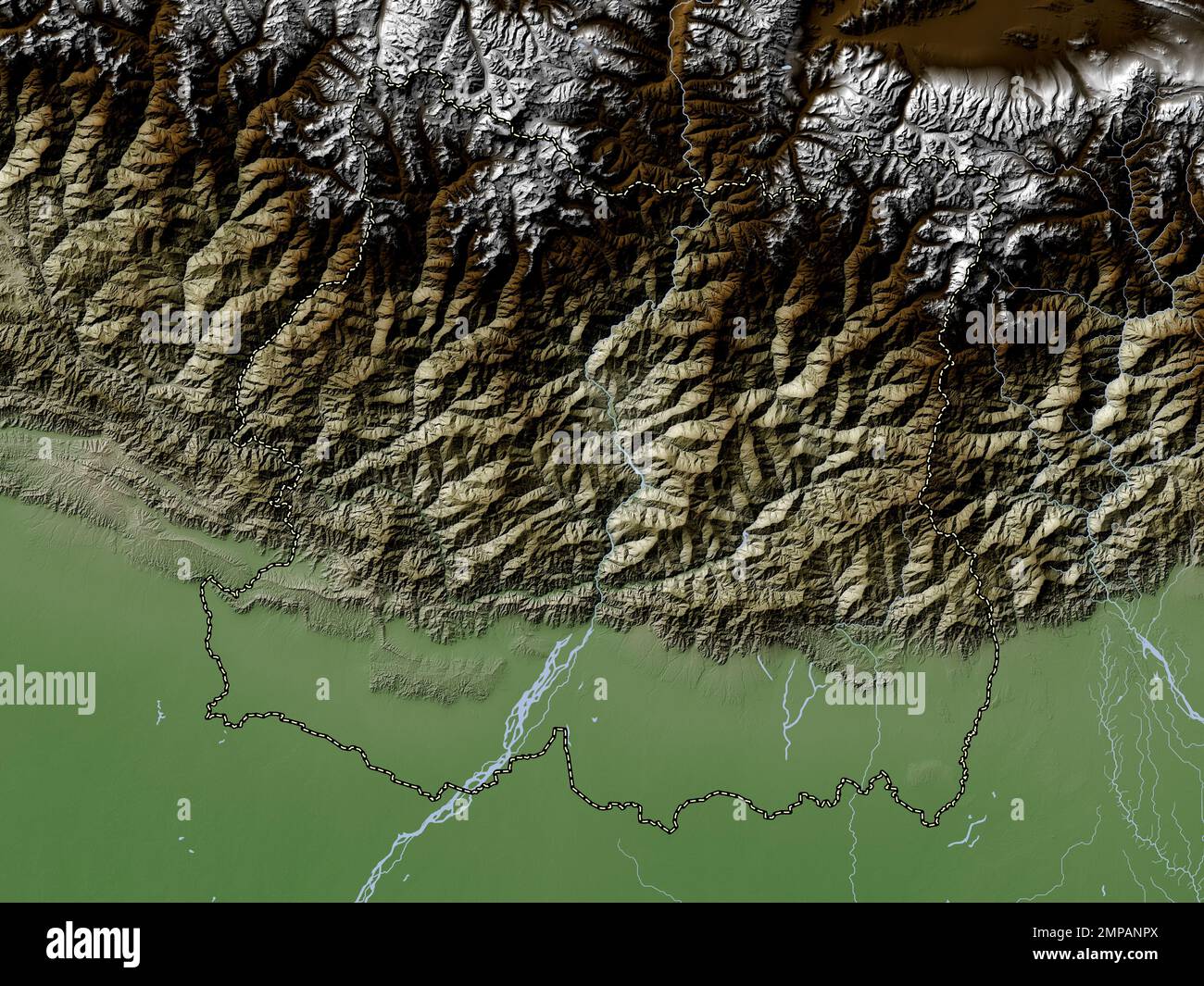 East, development region of Nepal. Elevation map colored in wiki style with lakes and rivers ...