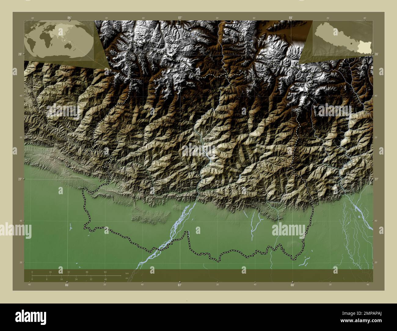 East, development region of Nepal. Elevation map colored in wiki style with lakes and rivers ...