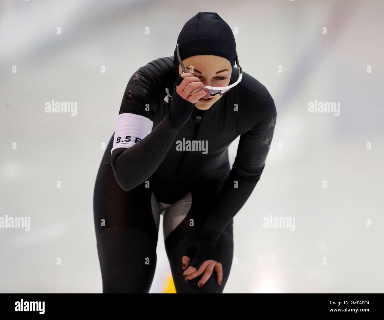 Briana Kramer reacts after competing in the women's 500 meters during ...