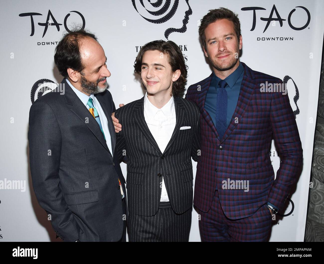 Director Luca Guadagnino, left, actor Timothee Chalamet and actor Armie Hammer attend the New ...