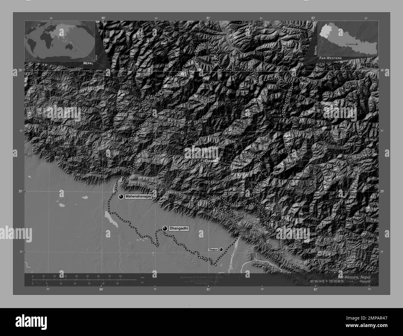 Far-Western, development region of Nepal. Bilevel elevation map with ...