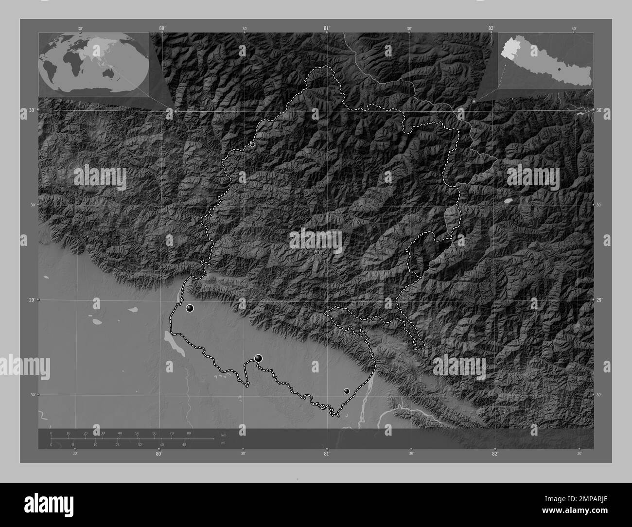 Far-Western, development region of Nepal. Grayscale elevation map with ...