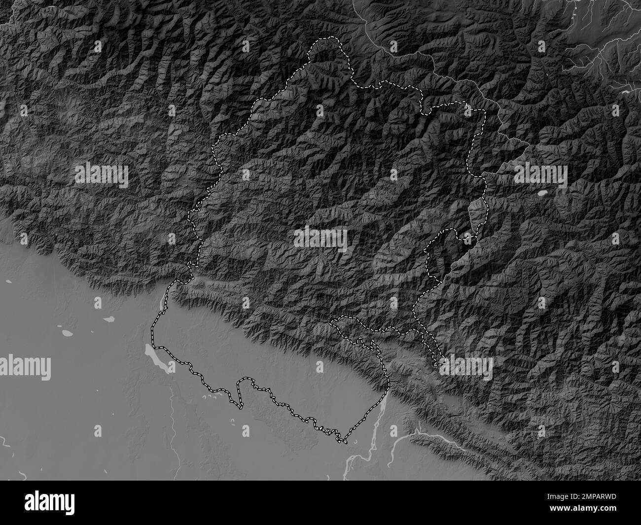 Far-Western, development region of Nepal. Grayscale elevation map with ...
