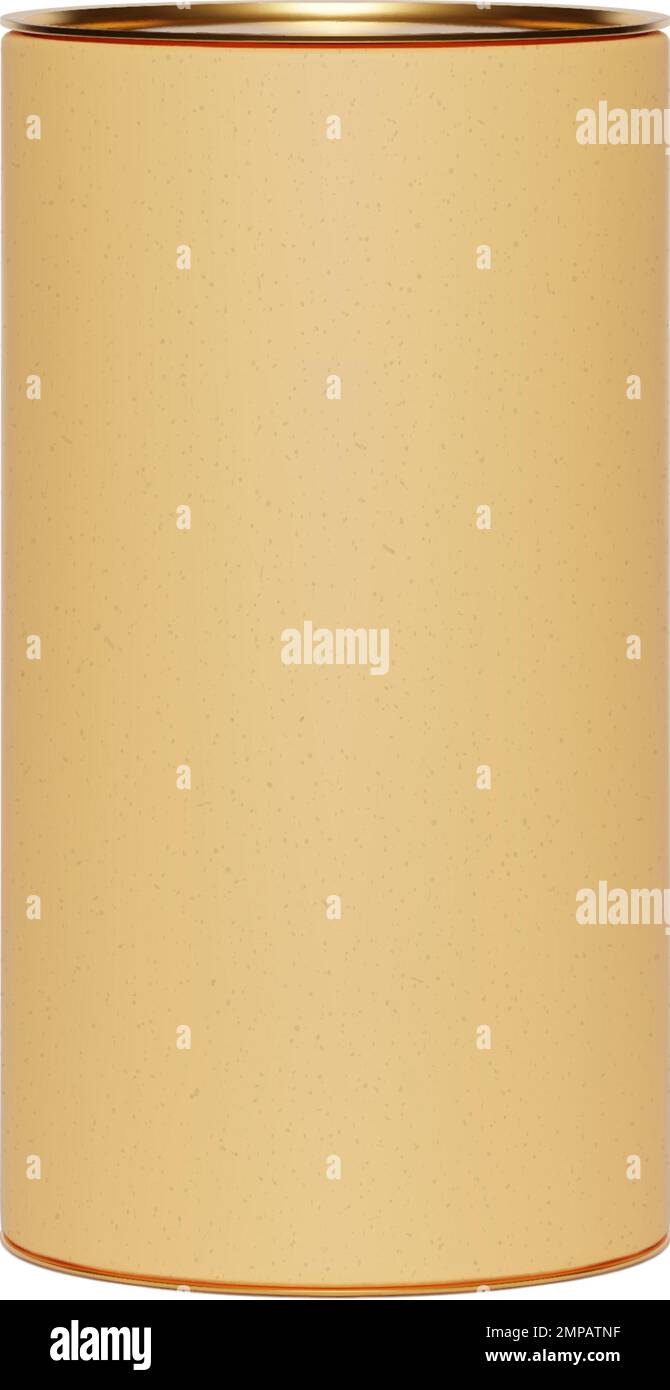 Beige kraft paper tube package with golden lid mockup on white. Blank ...