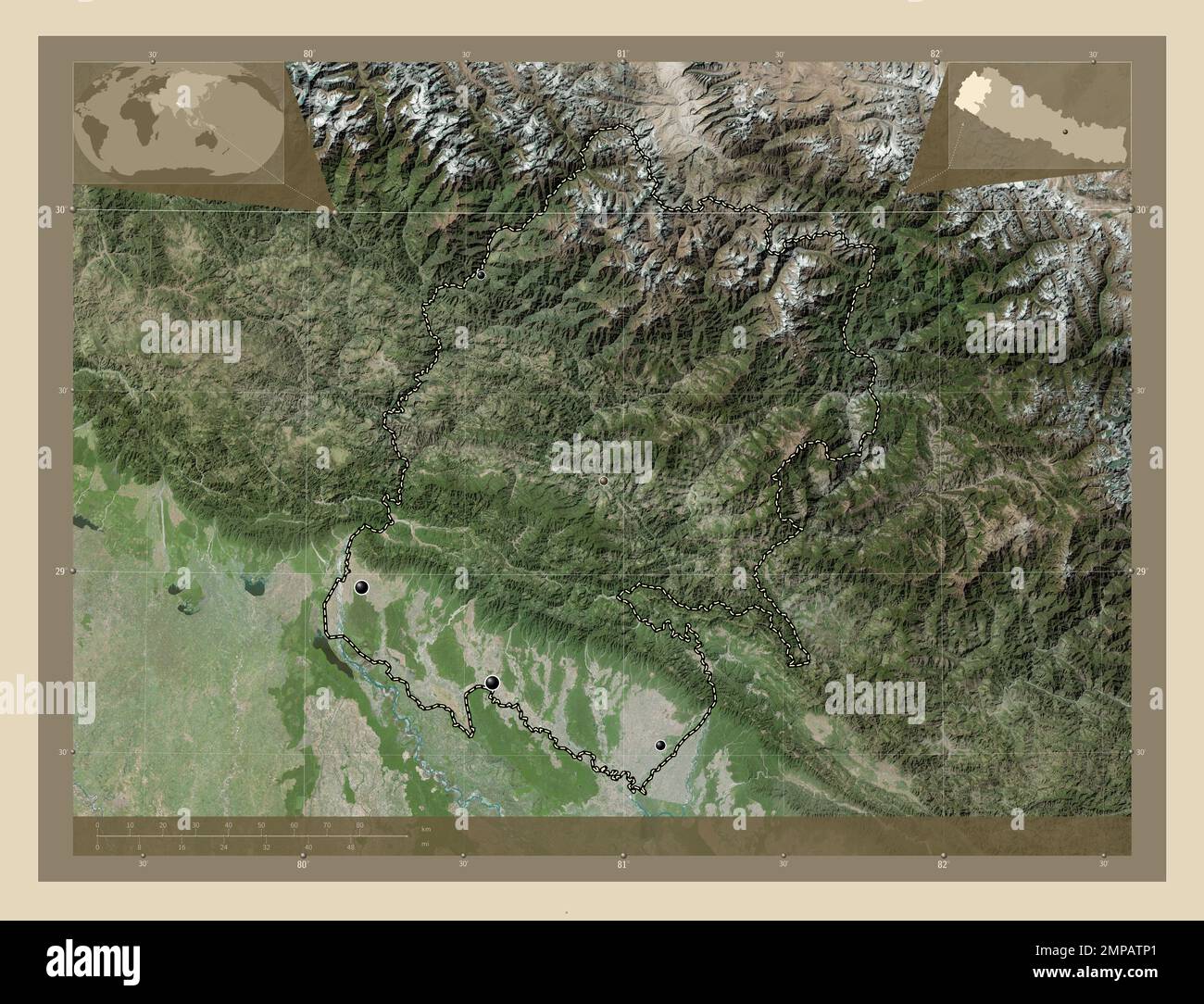 Far-Western, development region of Nepal. High resolution satellite map ...