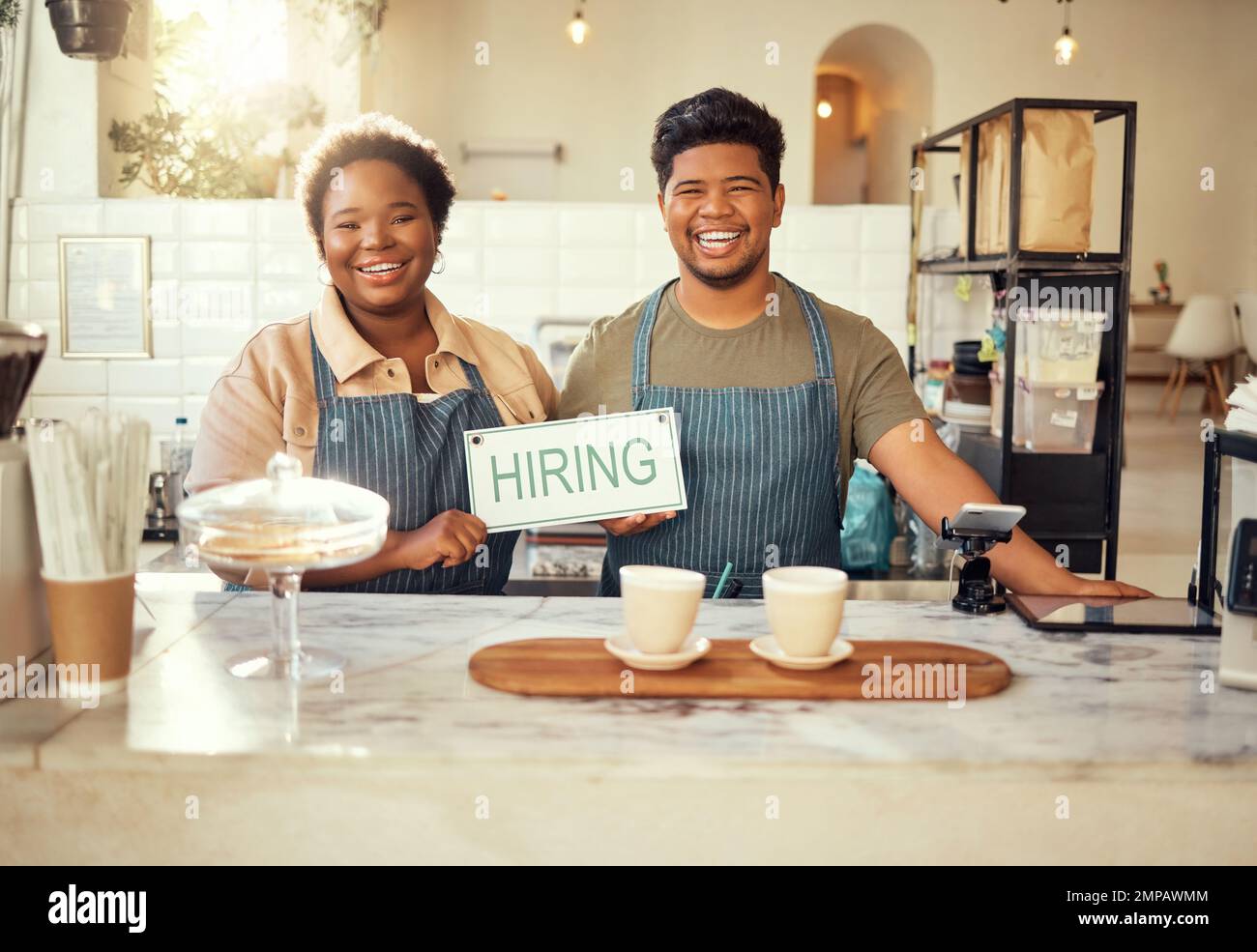 Portrait, collaboration and hiring sign by small business owners happy ...
