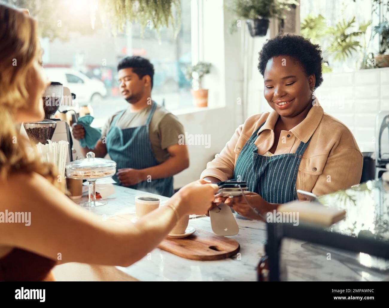 Credit card, payment and shopping with black woman in coffee shop for ...