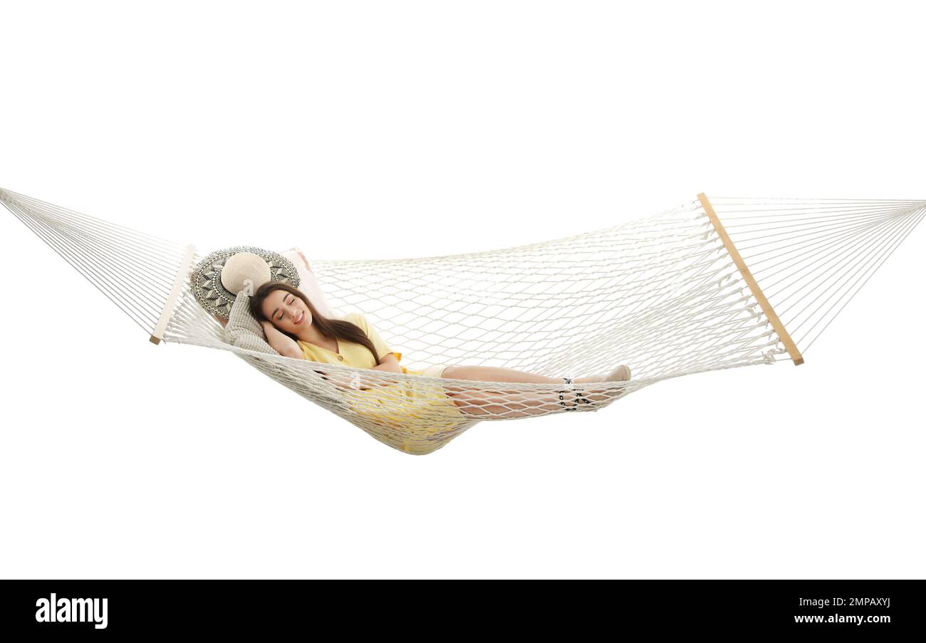 Woman sleeping in hammock on white background Stock Photo - Alamy