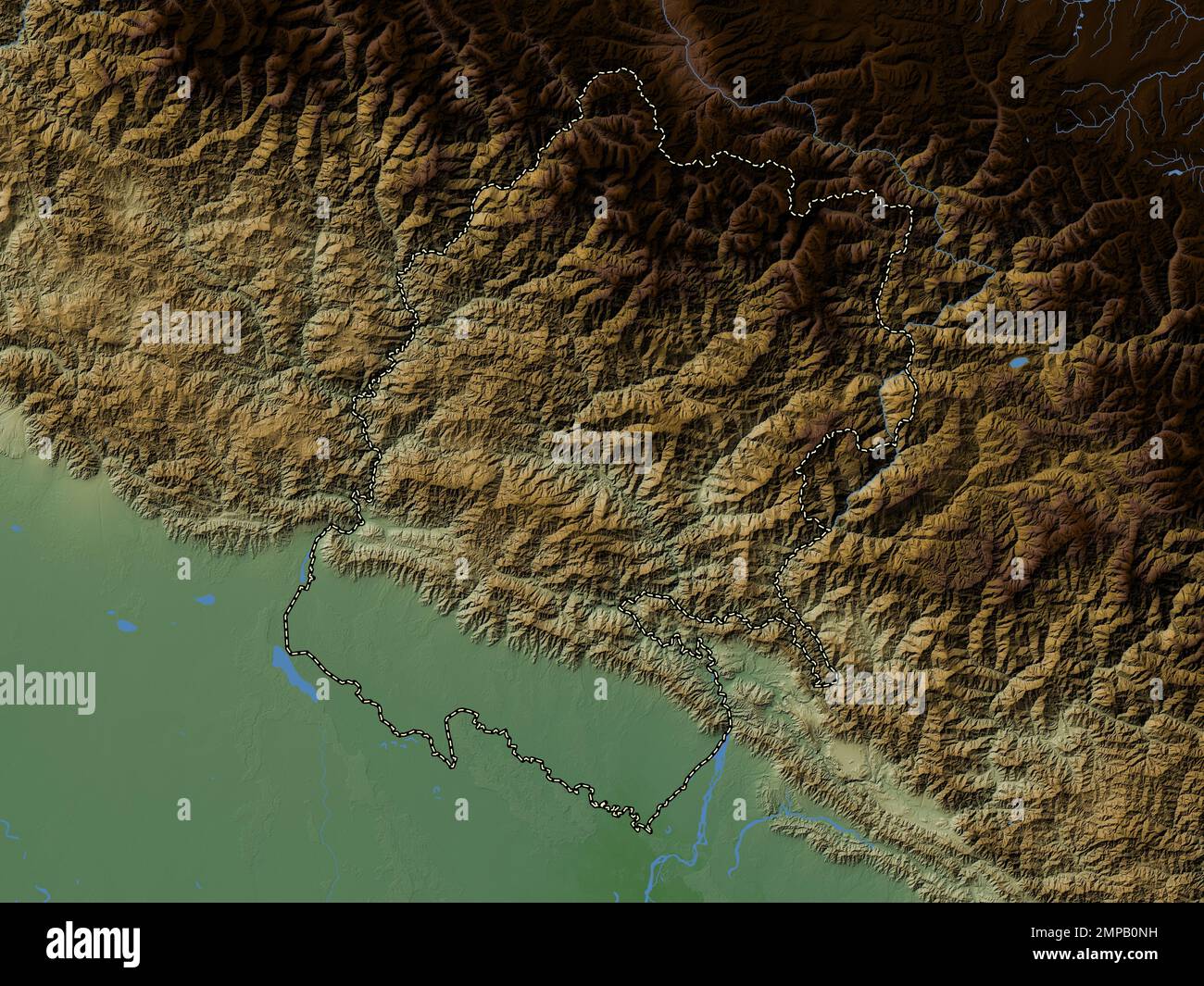 Far-Western, development region of Nepal. Colored elevation map with ...
